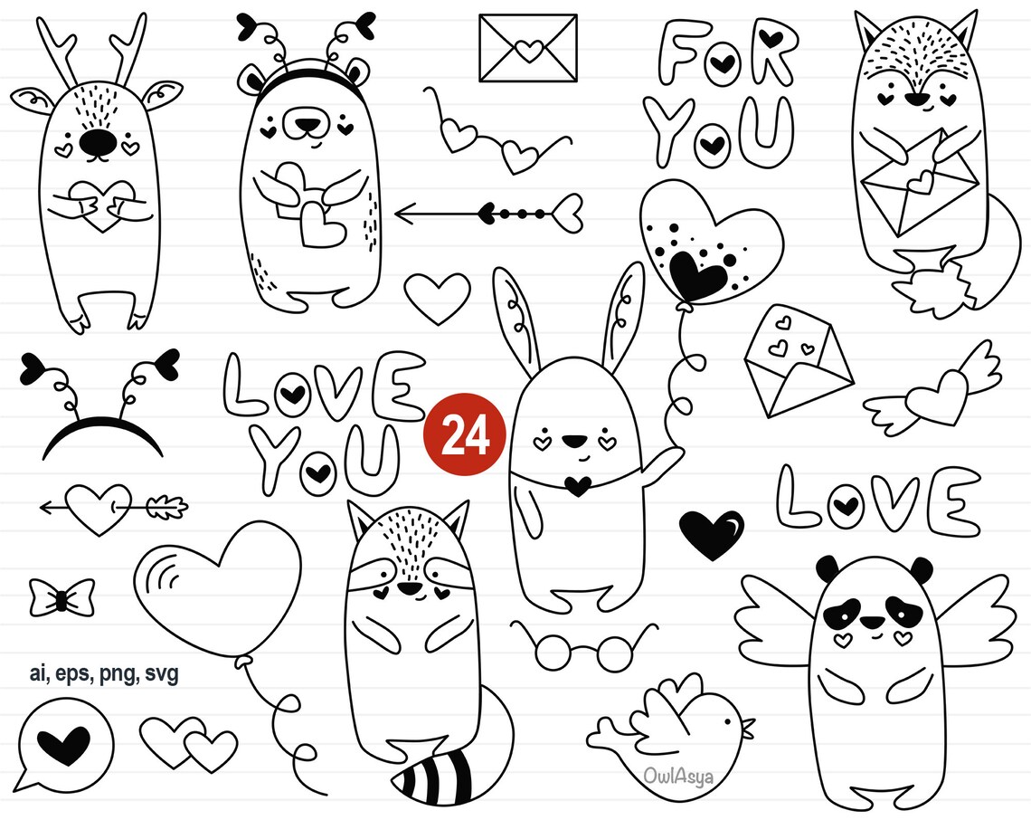 Valentine Animals SVG Doodle Animals Clipart Forest Animals - Etsy