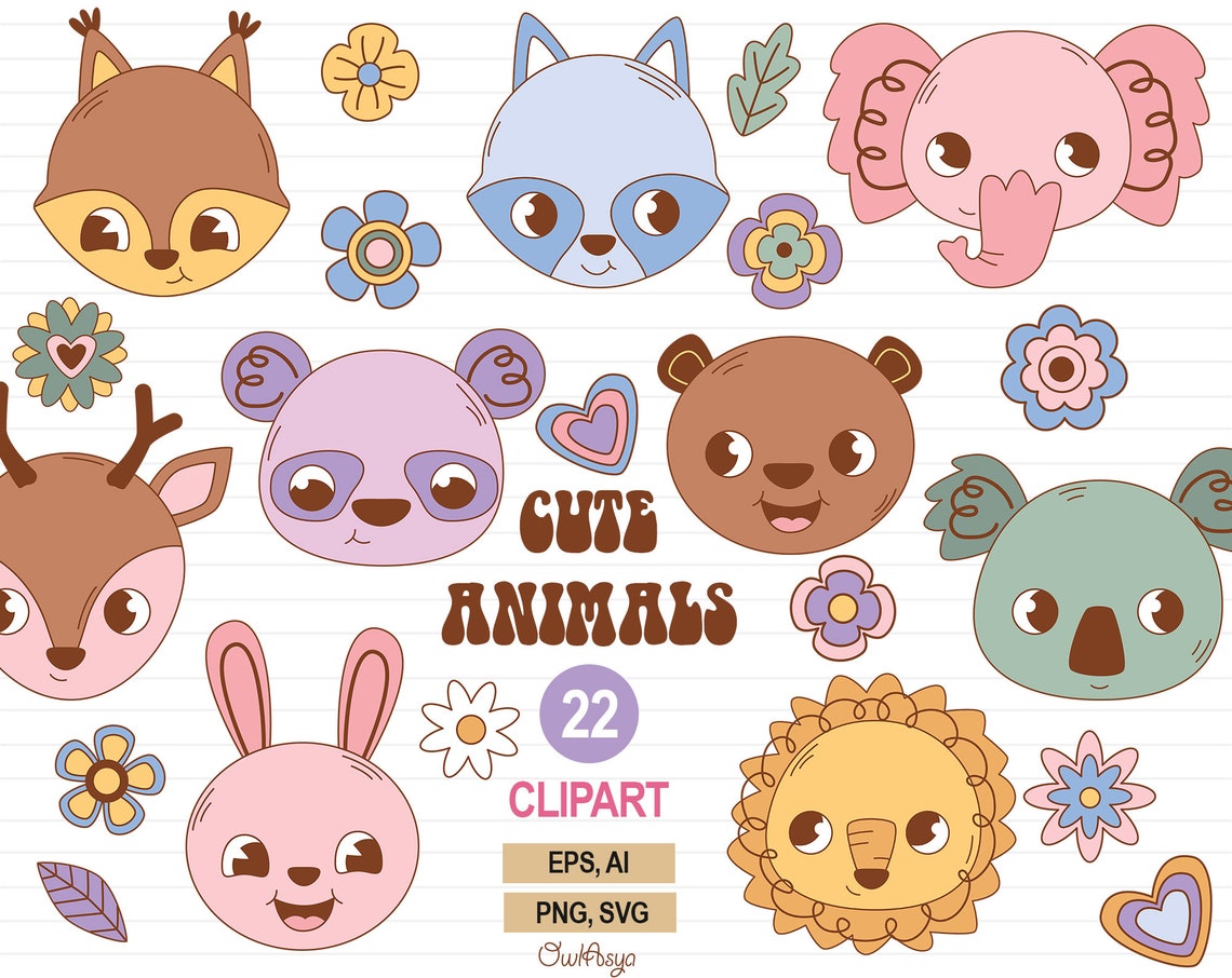 Retro Groovy Animals Clipart Cute Boho Sublimation Design - Etsy