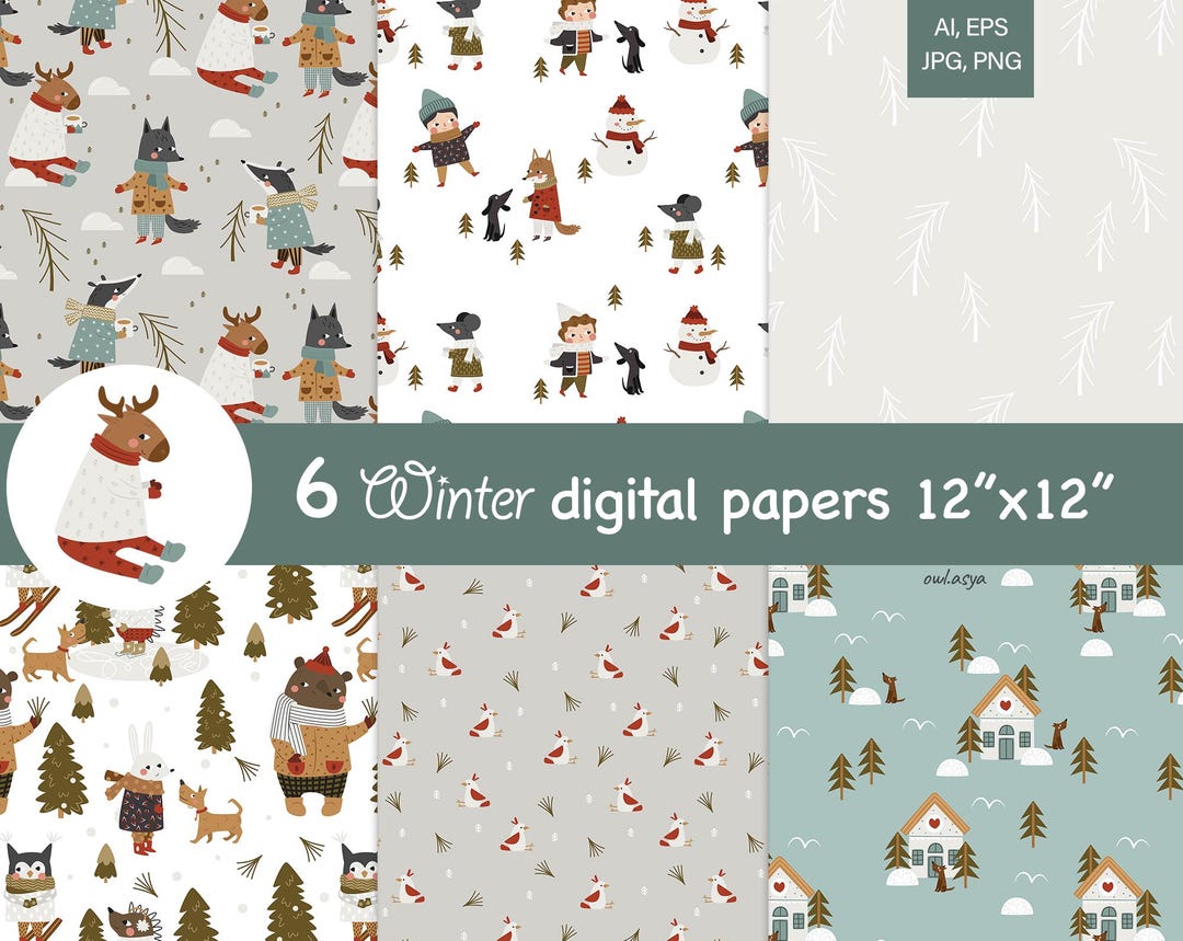Winter Friends Digital Paper, Animals Seamless Patterns, Christmas ...