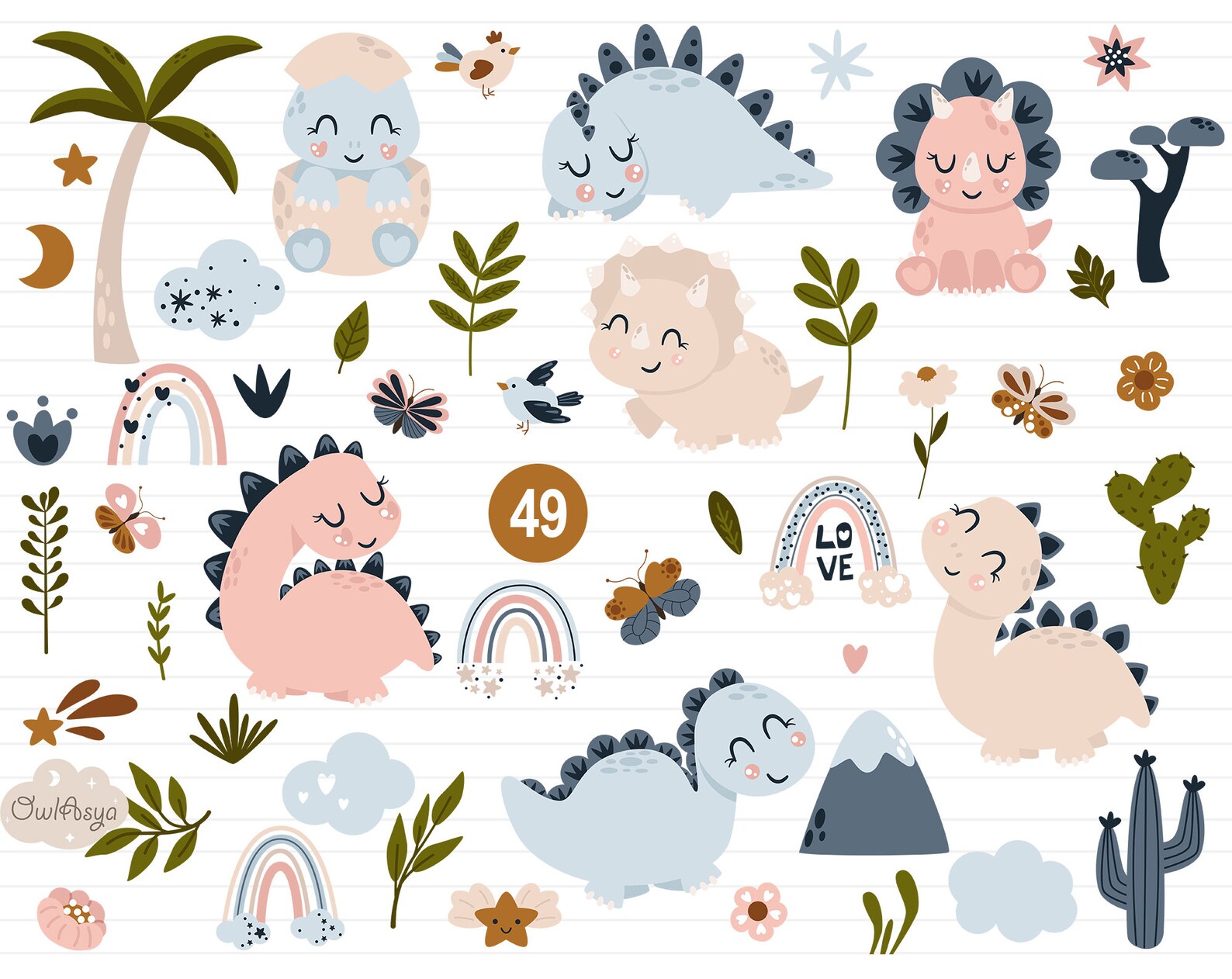 Baby Dino Clipart, Cute Dinosaur SVG, Jurassic Illustration, Girl Dino ...