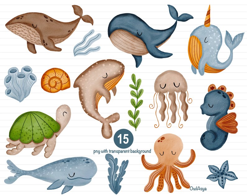 Sea Watercolor Animals Clipart Undersea Animals Ocean - Etsy