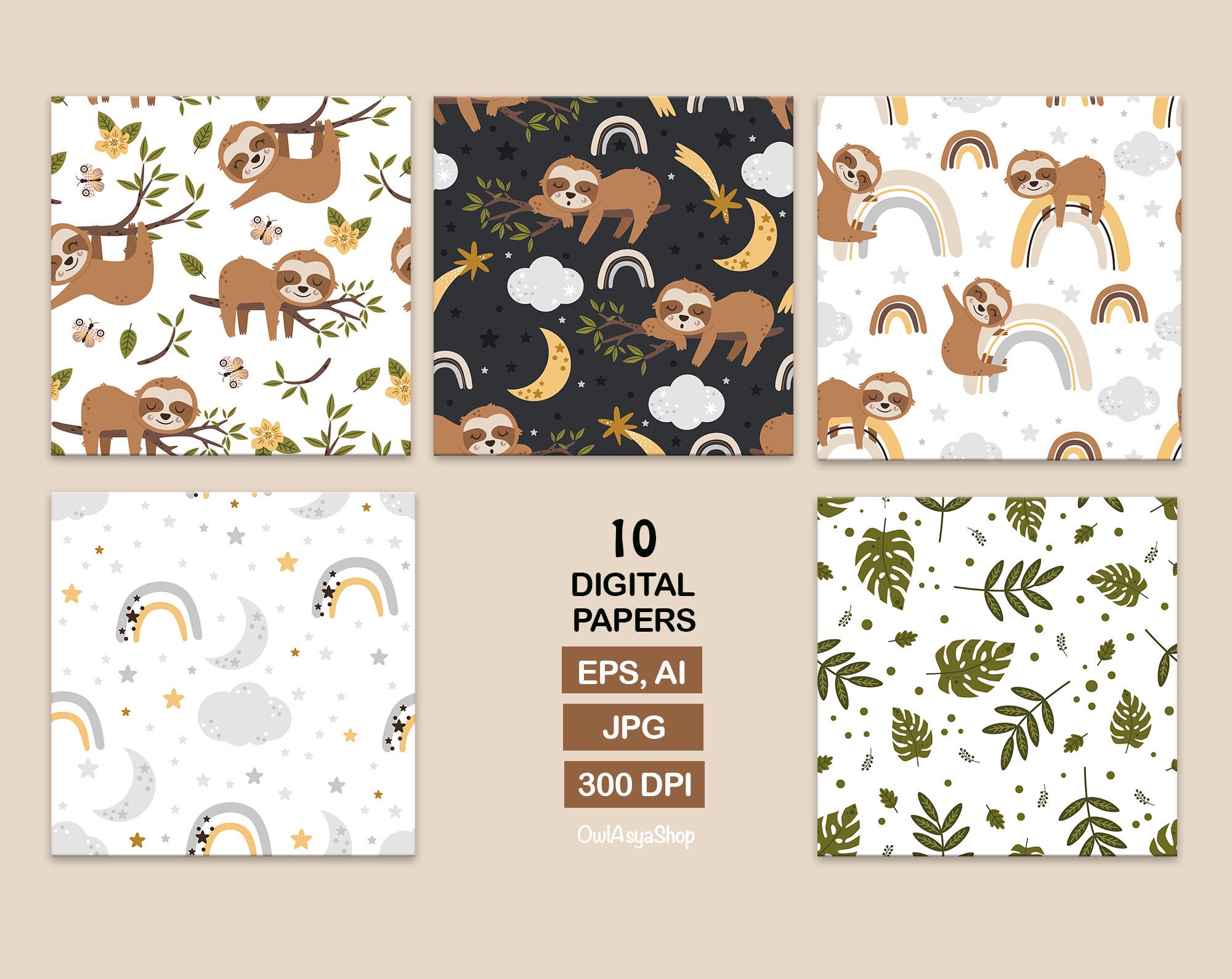 Sloth Digital Paper, Sloth Seamless Patterns, Rainbow Paper, Animal ...