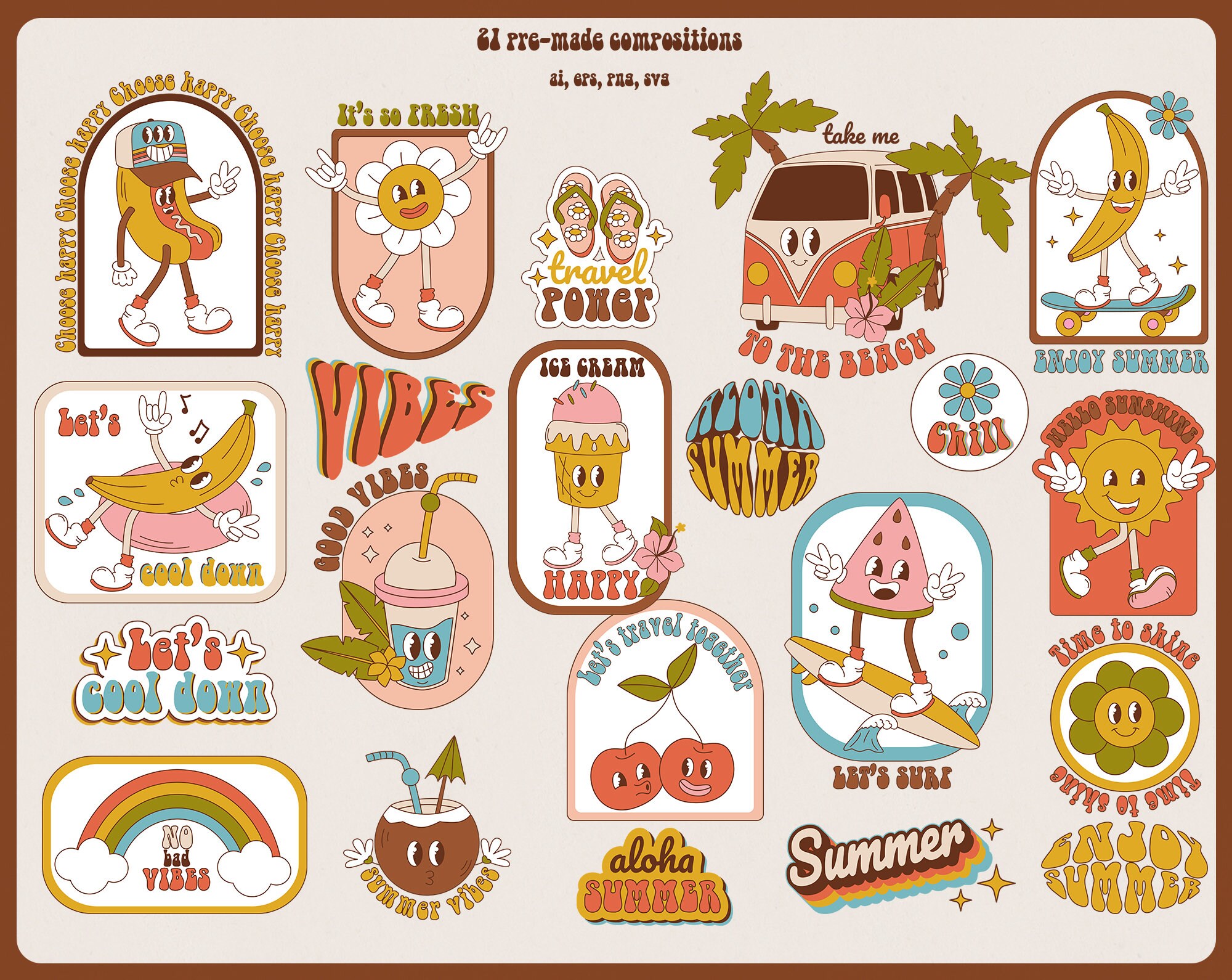 Retro Summer Clipart, Groovy Characters SVG, Hippie Elements, 70s, 80s ...