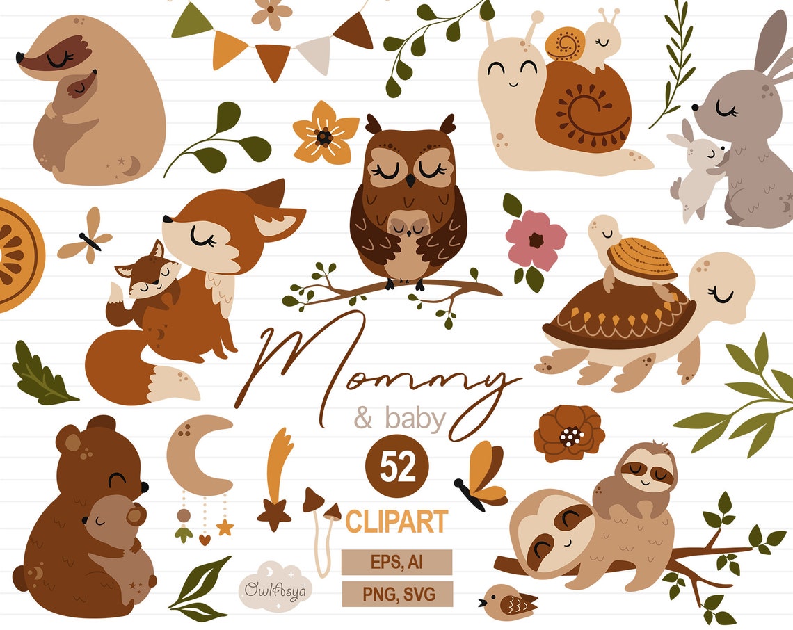 Animals Clipart, Mother and Baby Svg, Woodland Animals PNG, Boho Animal ...