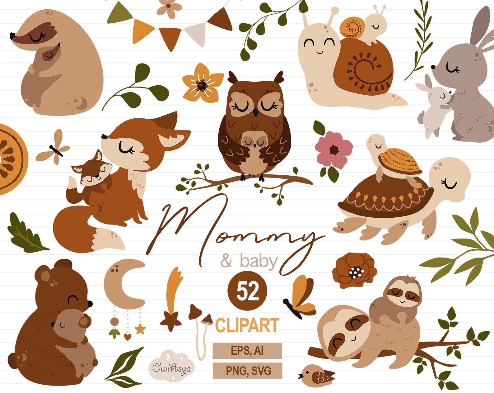 Animals Clipart, Mother and Baby Svg, Woodland Animals PNG, Boho Animal ...
