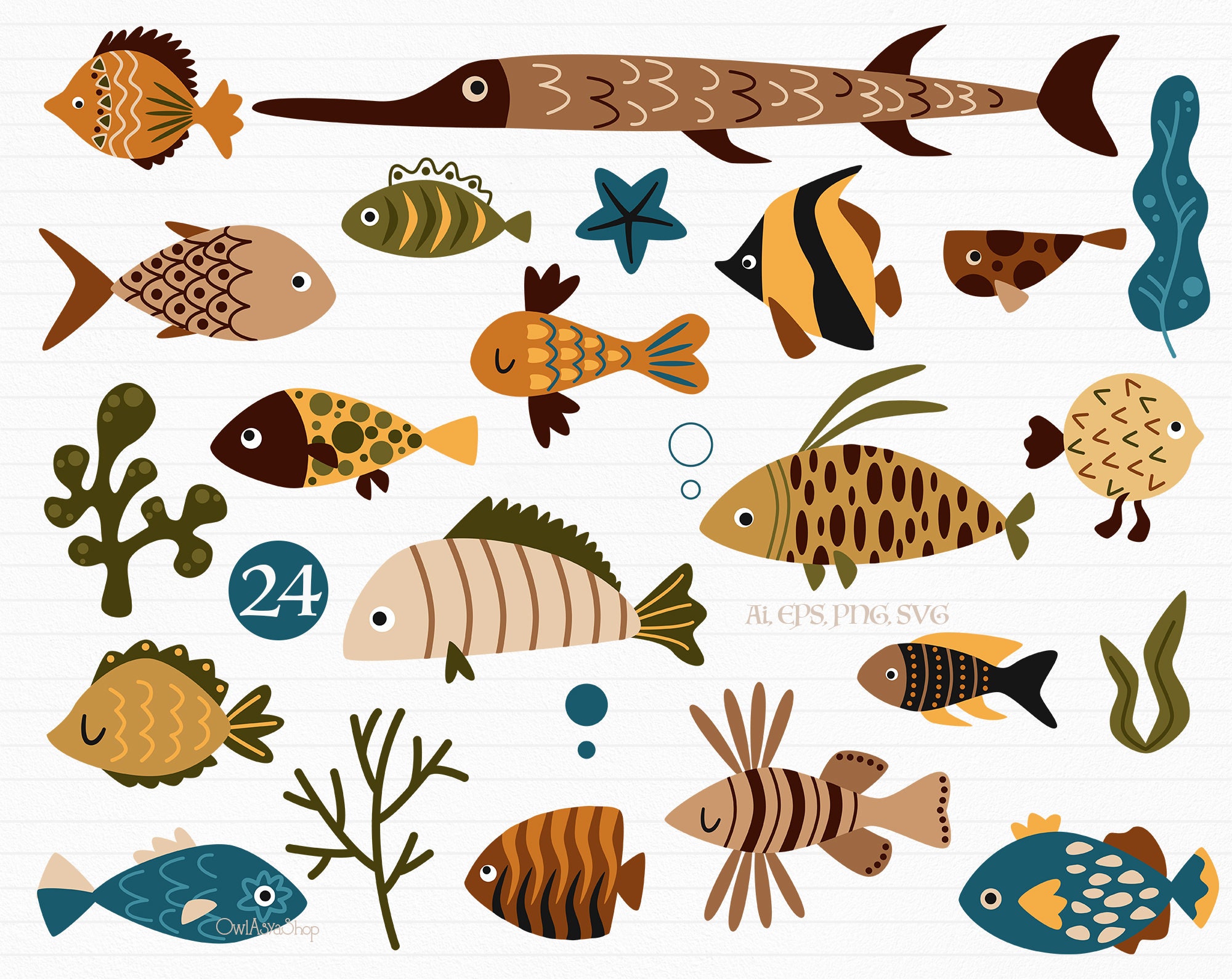 Fish Clipart, Sea Animals Svg, Boho Ocean Clipart, Colored Fish PNG ...