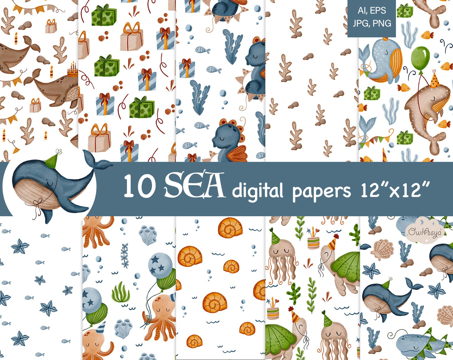 Watercolor Sea Animals Paper, Ocean Animals Seamless Patterns, Birthday ...