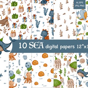 Watercolor Sea Animals Paper, Ocean Animals Seamless Patterns, Birthday ...