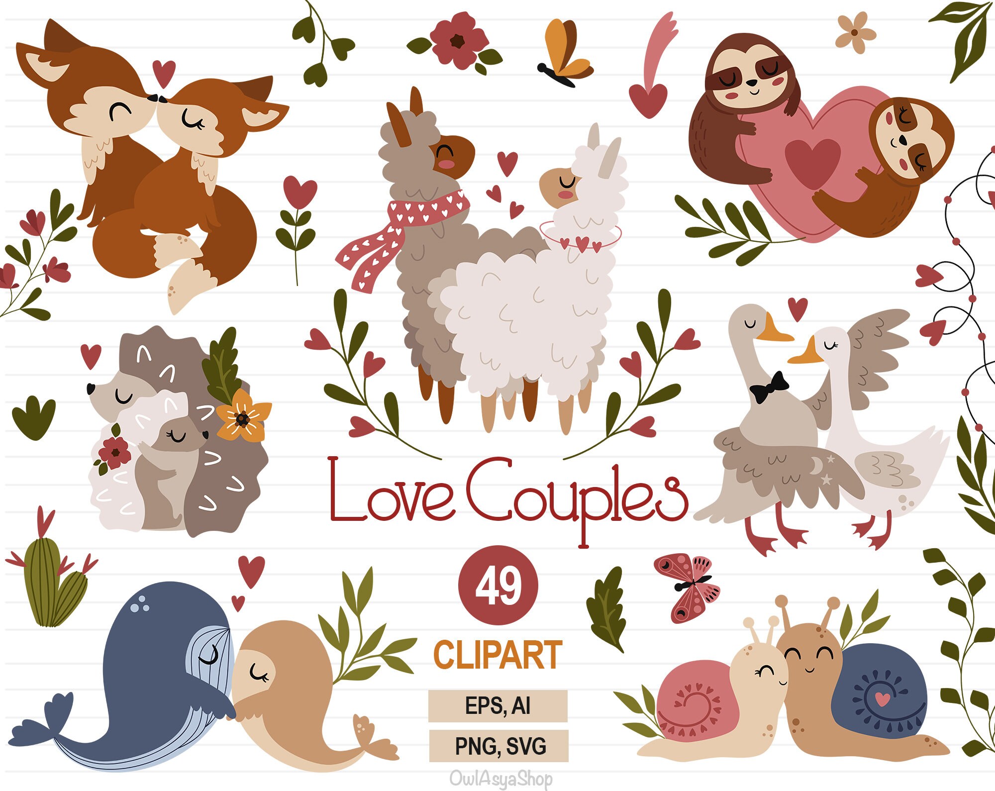 Valentines Animals Clipart, Love Couple Animals SVG, Woodland Animals ...