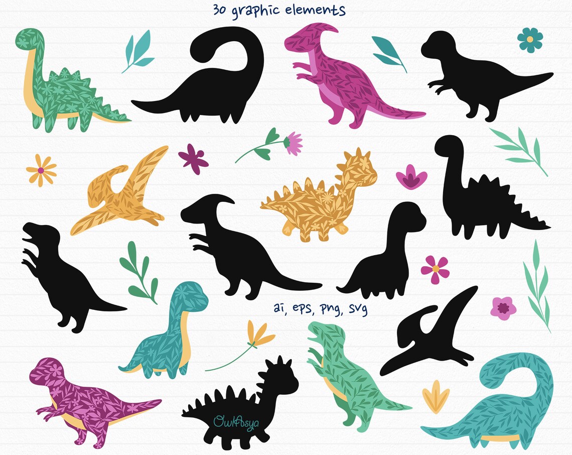 Floral Dino Clipart, Cute Dinosaur SVG, Jurassic Illustration, Flower ...