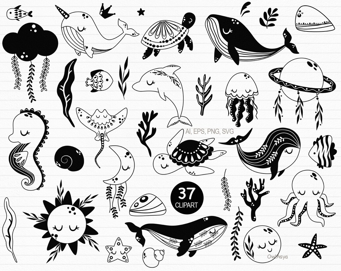 Ocean Animals SVG, Black Sea Animals Clipart, Doodle Whale PNG, Sea ...