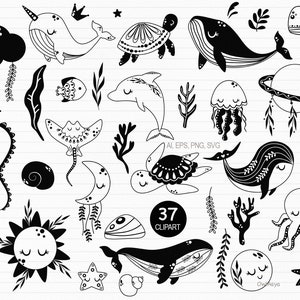Ocean Animals SVG, Black Sea Animals Clipart, Doodle Whale PNG, Sea ...