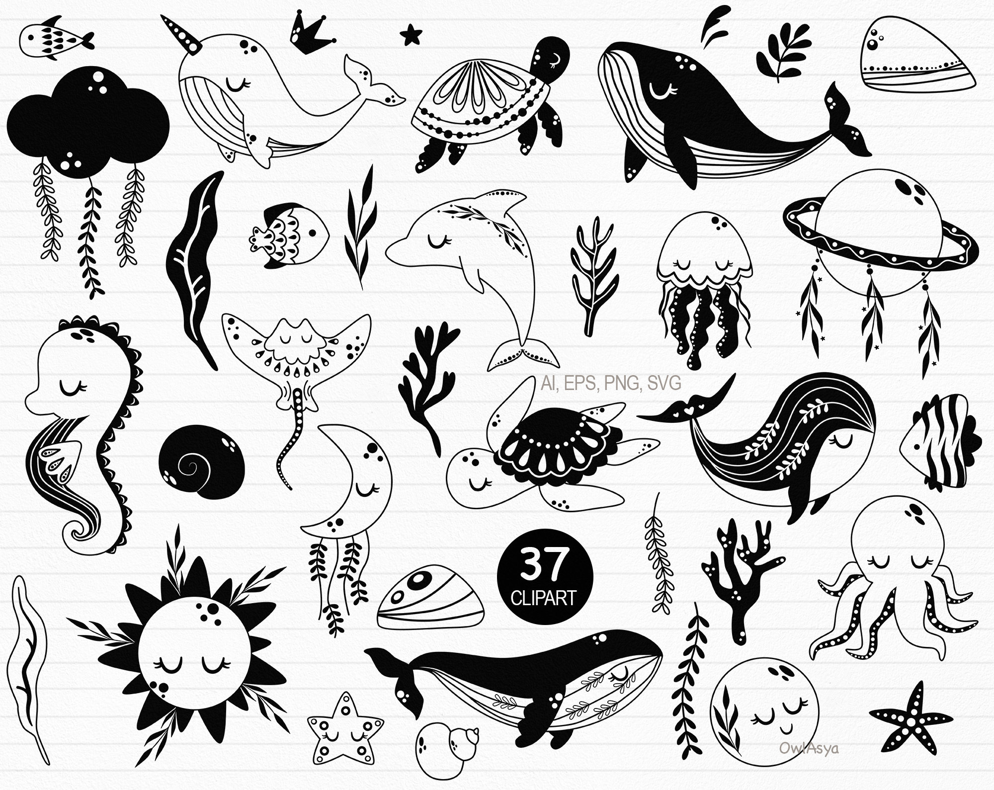 Ocean Animals SVG, Black Sea Animals Clipart, Doodle Whale PNG, Sea ...