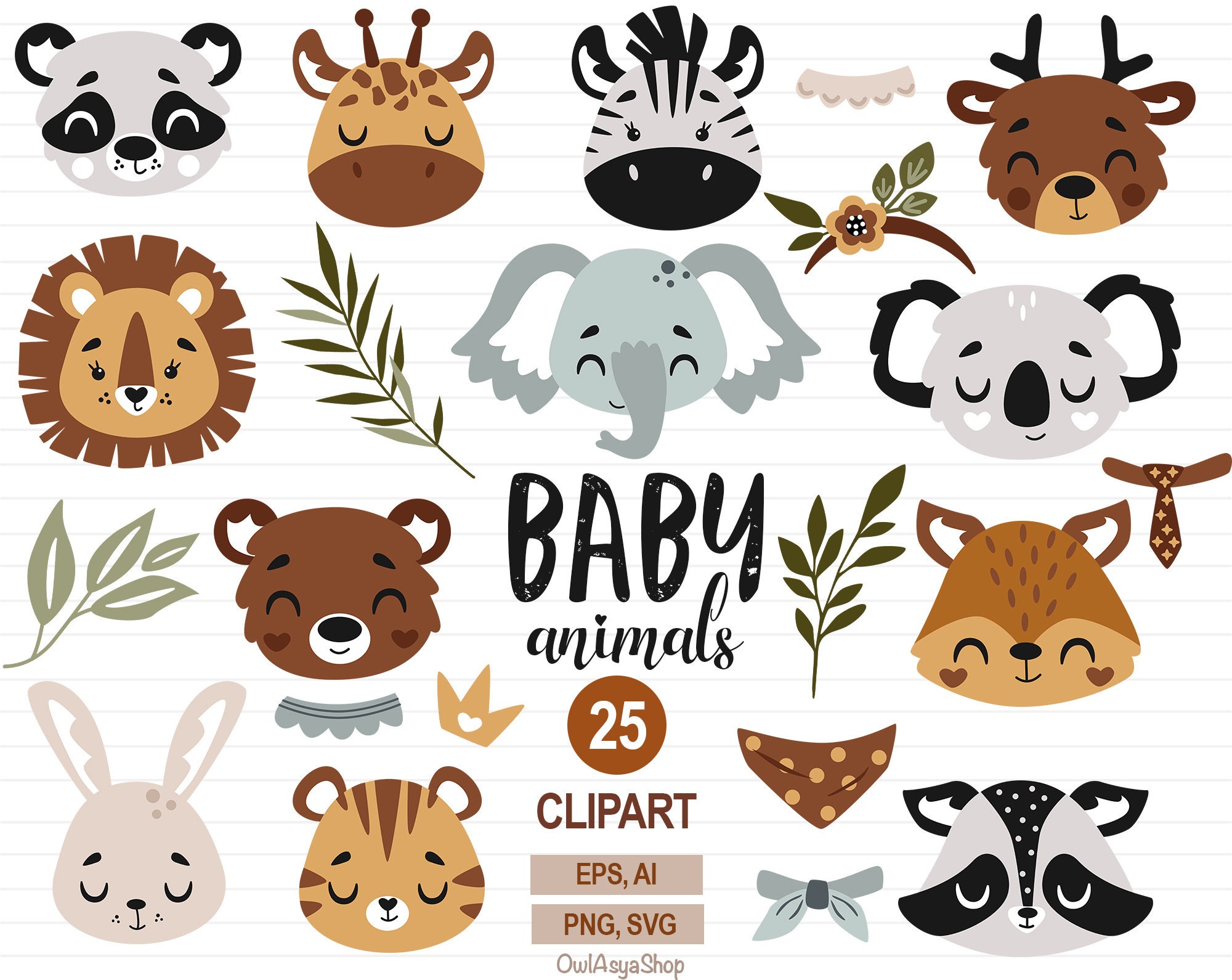 Boho Animals Svg, Animal Face Clipart, Bohemian Clipart, Boho Baby Svg ...