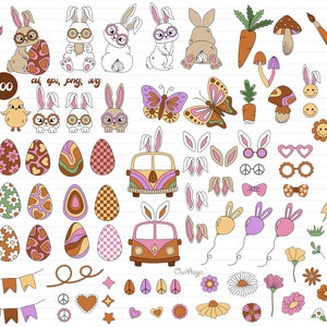 Retro Easter, Groovy Bunny Clipart, Easter Eggs PNG, Hippie Chick SVG ...