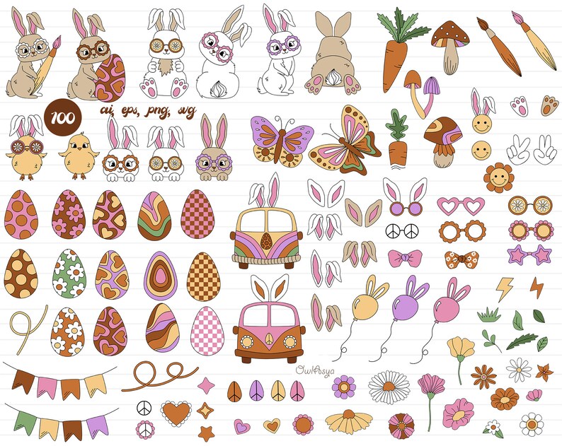 Retro Easter Groovy Bunny Clipart Easter Eggs PNG Hippie - Etsy