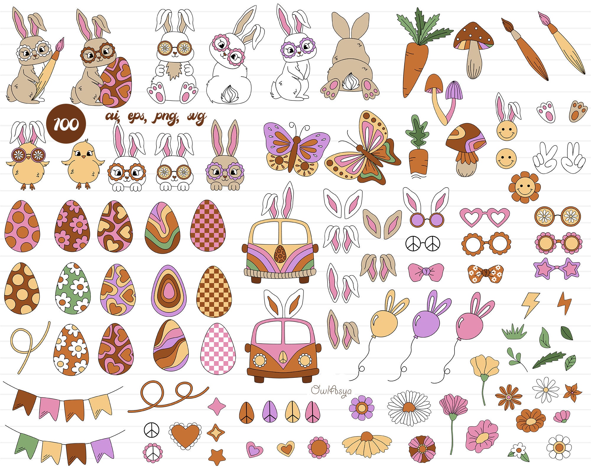 Retro Easter, Groovy Bunny Clipart, Easter Eggs PNG, Hippie Chick SVG ...