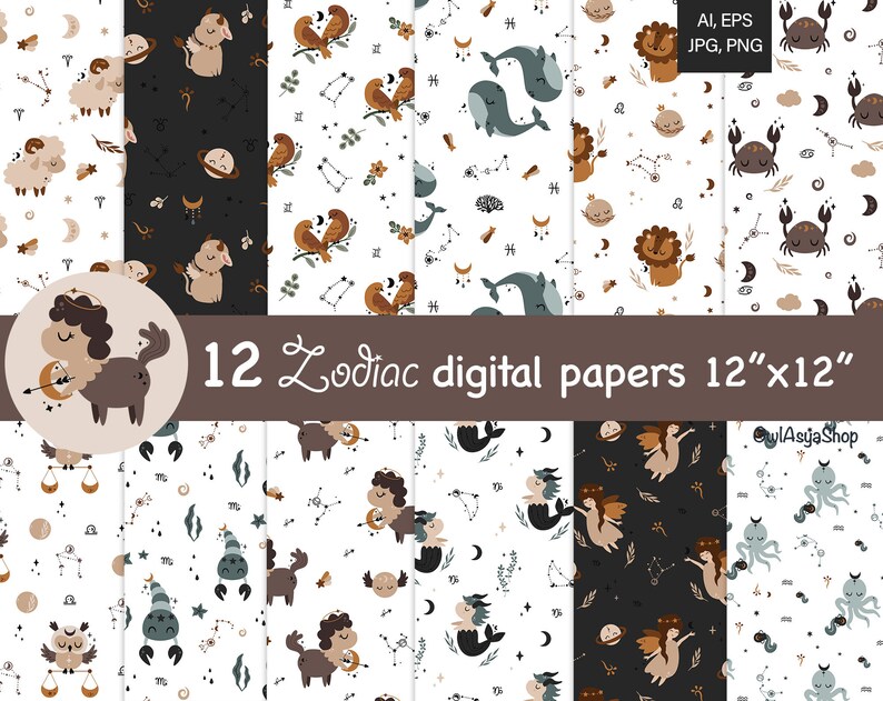 Zodiac Patterns, Astrology Paper, Baby Paper, Celestial Animals, Zodiac ...