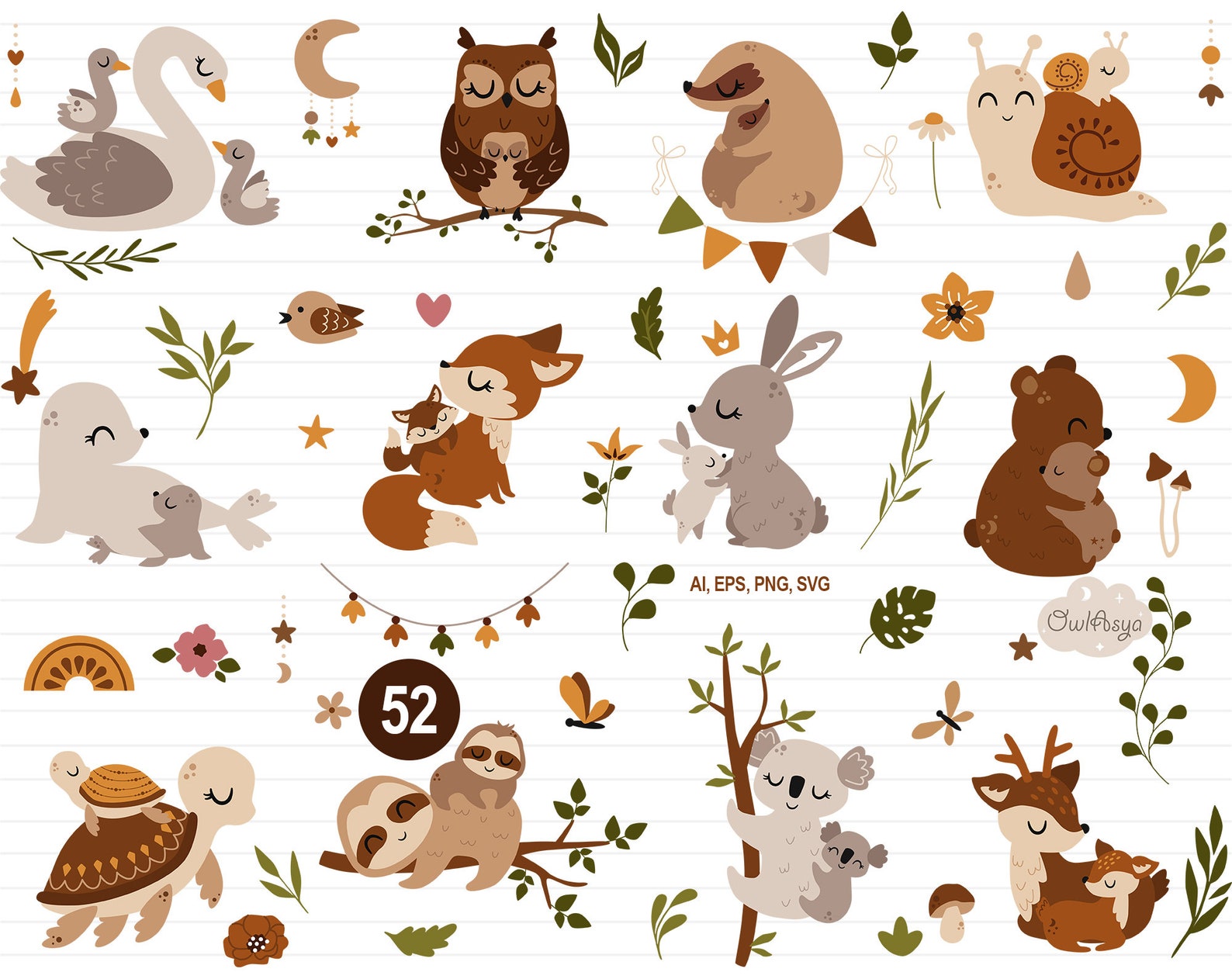 Animals Clipart, Mother and Baby Svg, Woodland Animals PNG, Boho Animal ...