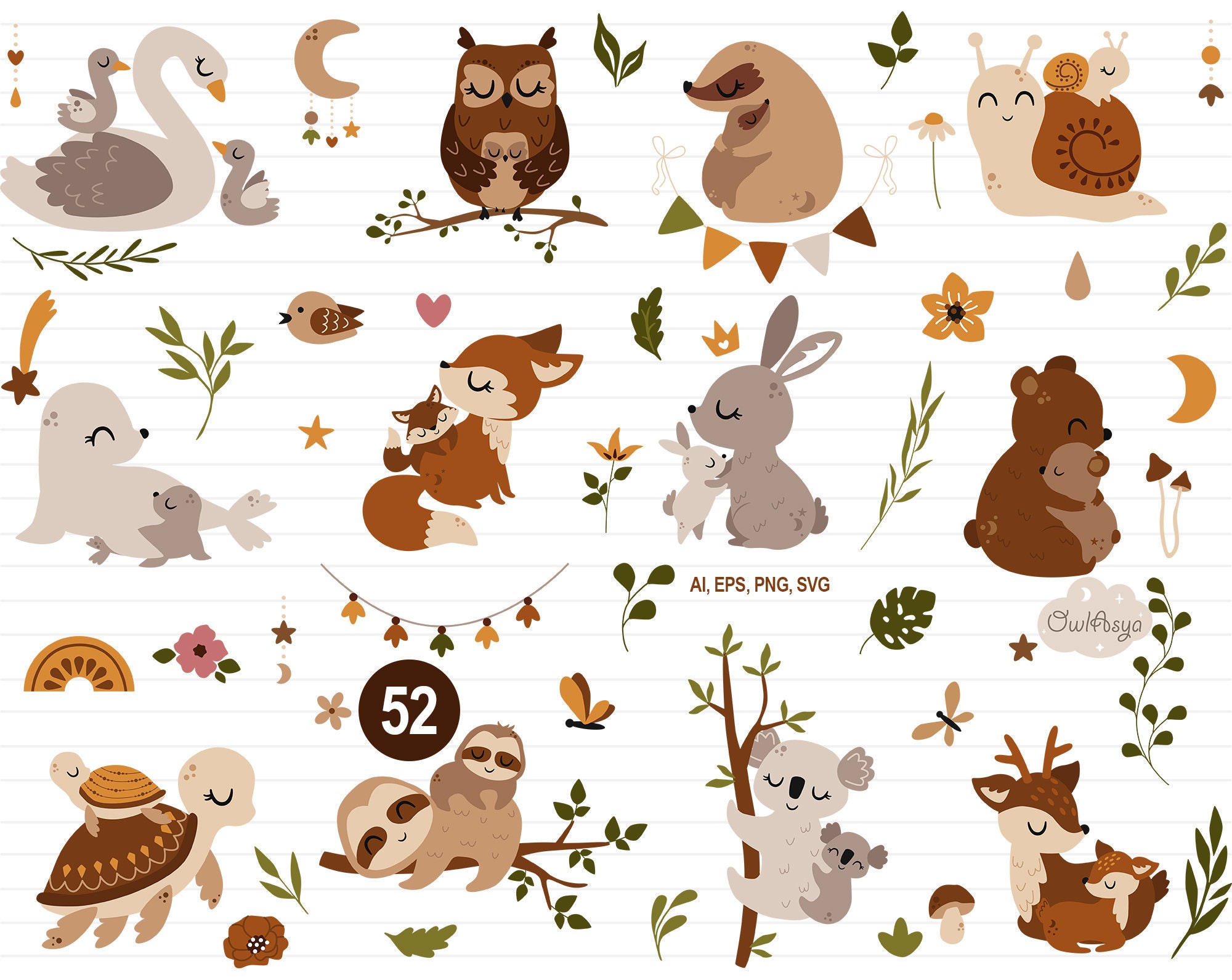 Animals Clipart, Mother and Baby Svg, Woodland Animals PNG, Boho Animal ...