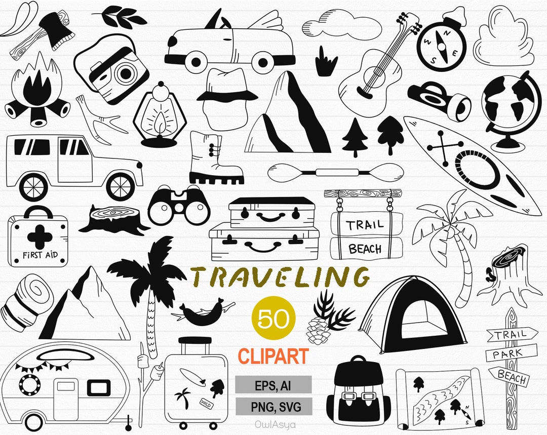 Traveling Black SVG, Summer Travel Line Clipart, Tourism Icon Vector ...