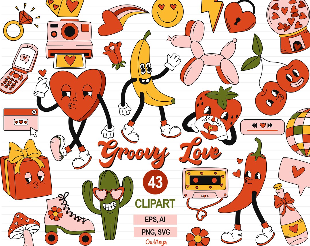 Retro Groovy Valentine Clipart, Hippie Love SVG, Heart Valentine's Day ...
