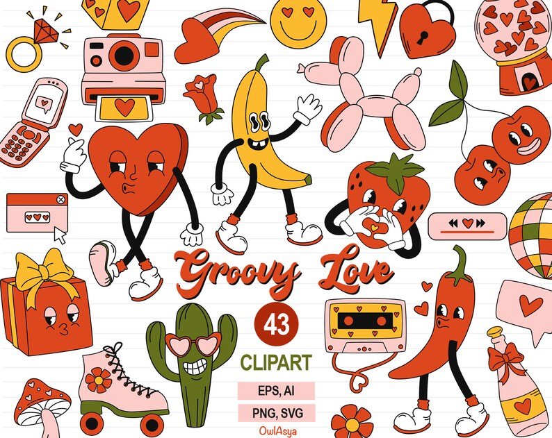 Retro Groovy Valentine Clipart, Hippie Love SVG, Heart Valentine's Day ...