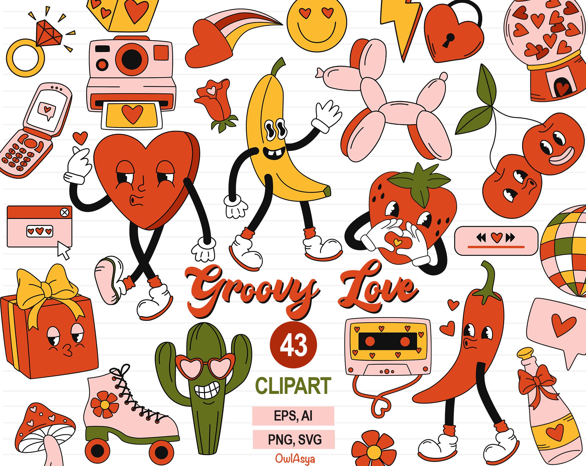 Retro Groovy Valentine Clipart, Hippie Love SVG, Heart Valentine's Day ...