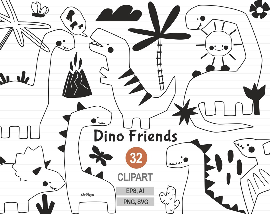 Hand Drawn Dinosaurs Line Clipart, Black Outline Dino Animals SVG ...