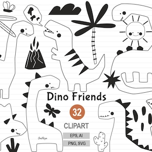 Hand Drawn Dinosaurs Line Clipart, Black Outline Dino Animals SVG ...