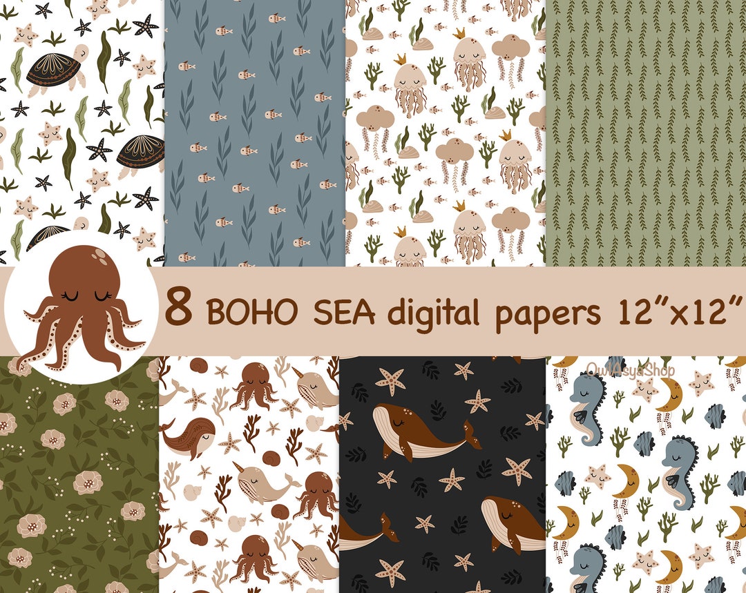 Boho Digital Paper, Sea Animals Printable, Boho Whale Paper, Bohemian ...