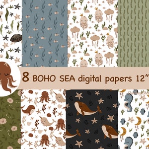 Boho Digital Paper, Sea Animals Printable, Boho Whale Paper, Bohemian ...