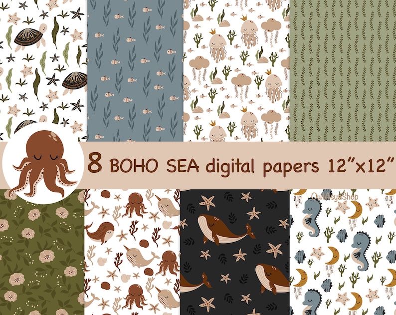 Boho Digital Paper, Sea Animals Printable, Boho Whale Paper, Bohemian ...