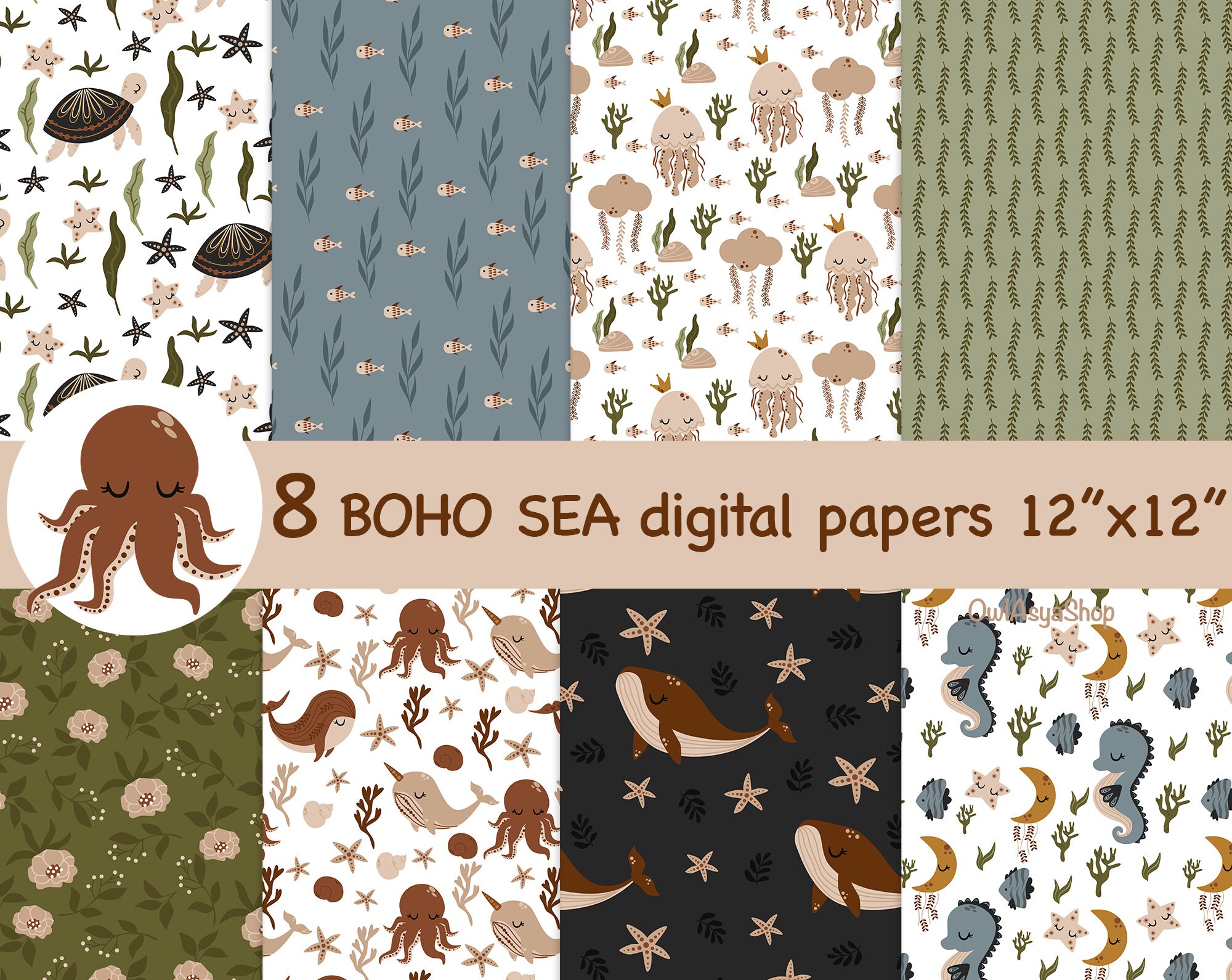 Boho Digital Paper, Sea Animals Printable, Boho Whale Paper, Bohemian ...