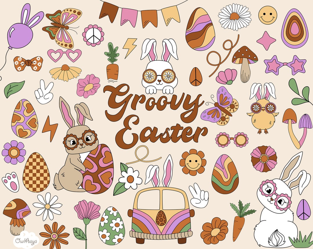 Retro Easter, Groovy Bunny Clipart, Easter Eggs PNG, Hippie Chick SVG ...