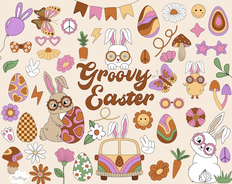 Retro Easter Groovy Bunny Clipart Easter Eggs PNG Hippie - Etsy