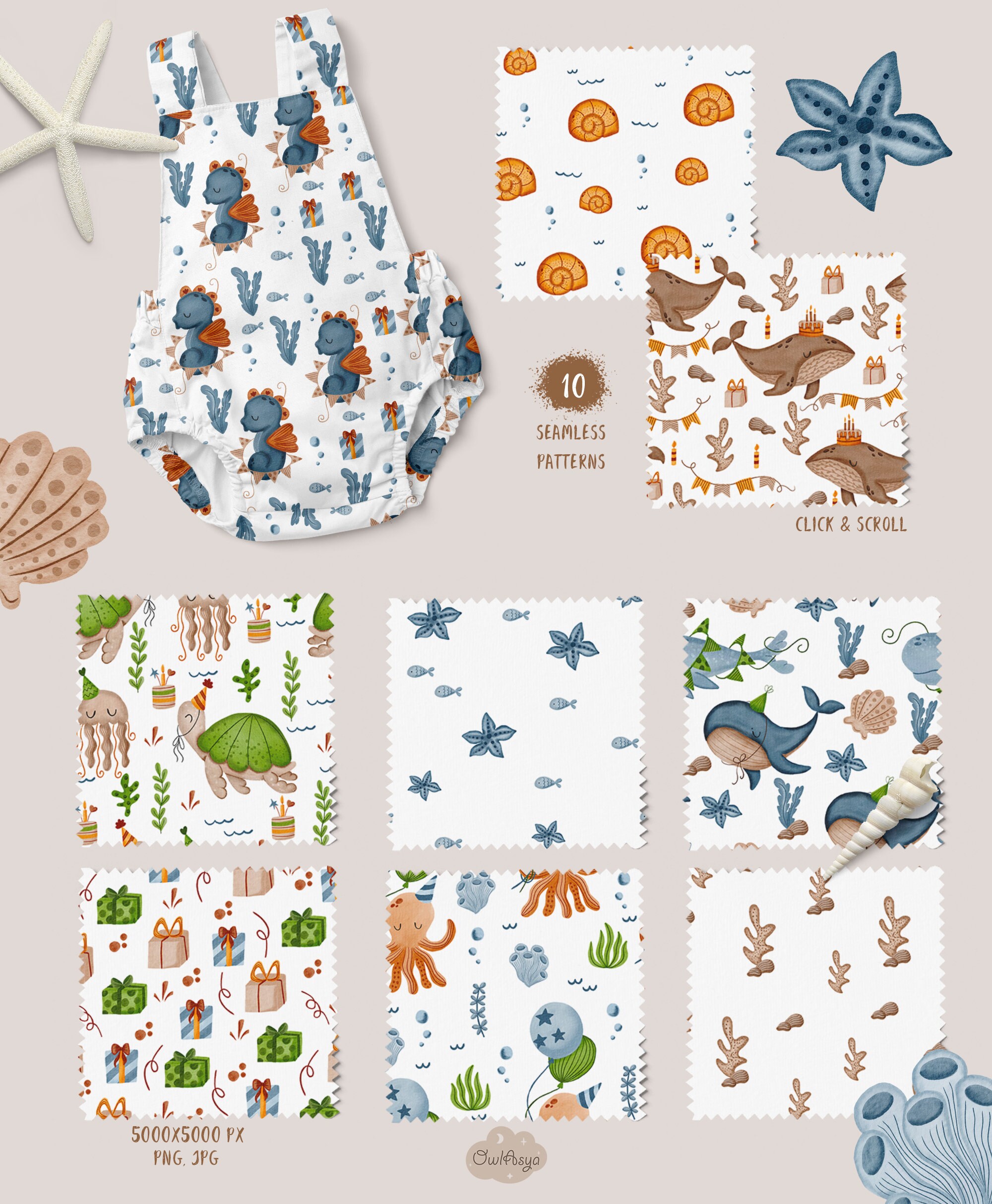 Watercolor Sea Animals Paper, Ocean Animals Seamless Patterns, Birthday ...