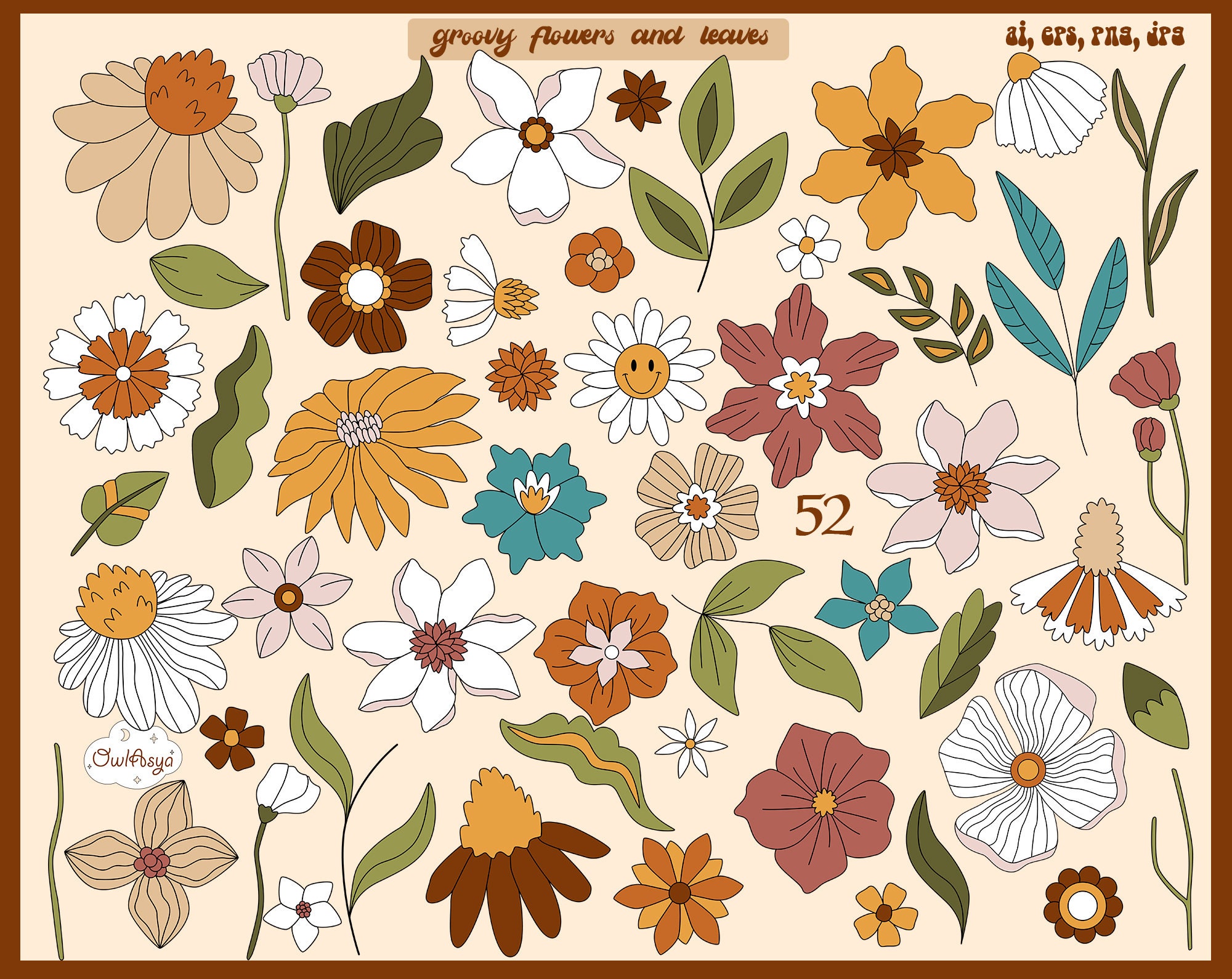 Groovy Flowers Clipart, 70's Boho Flowers SVG, Groovy Boho Clip Art ...