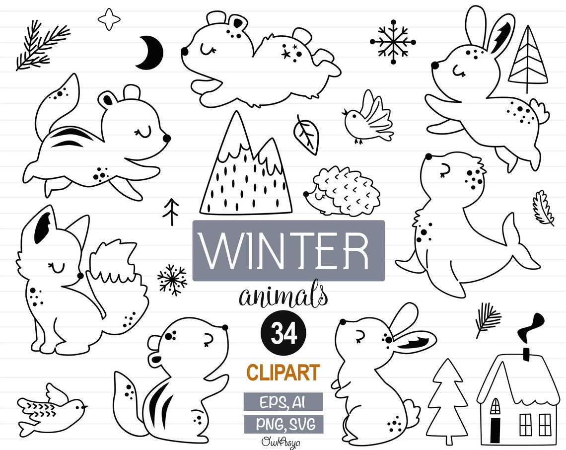 Winter Animals Clipart, Black Line Animals SVG, Vector Doodle, Forest ...