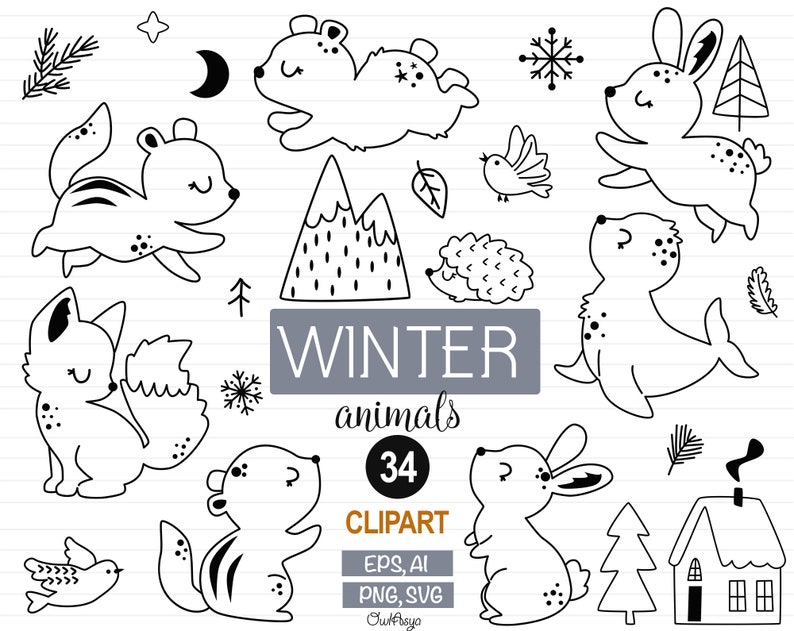 Winter Animals Clipart, Black Line Animals SVG, Vector Doodle, Forest ...