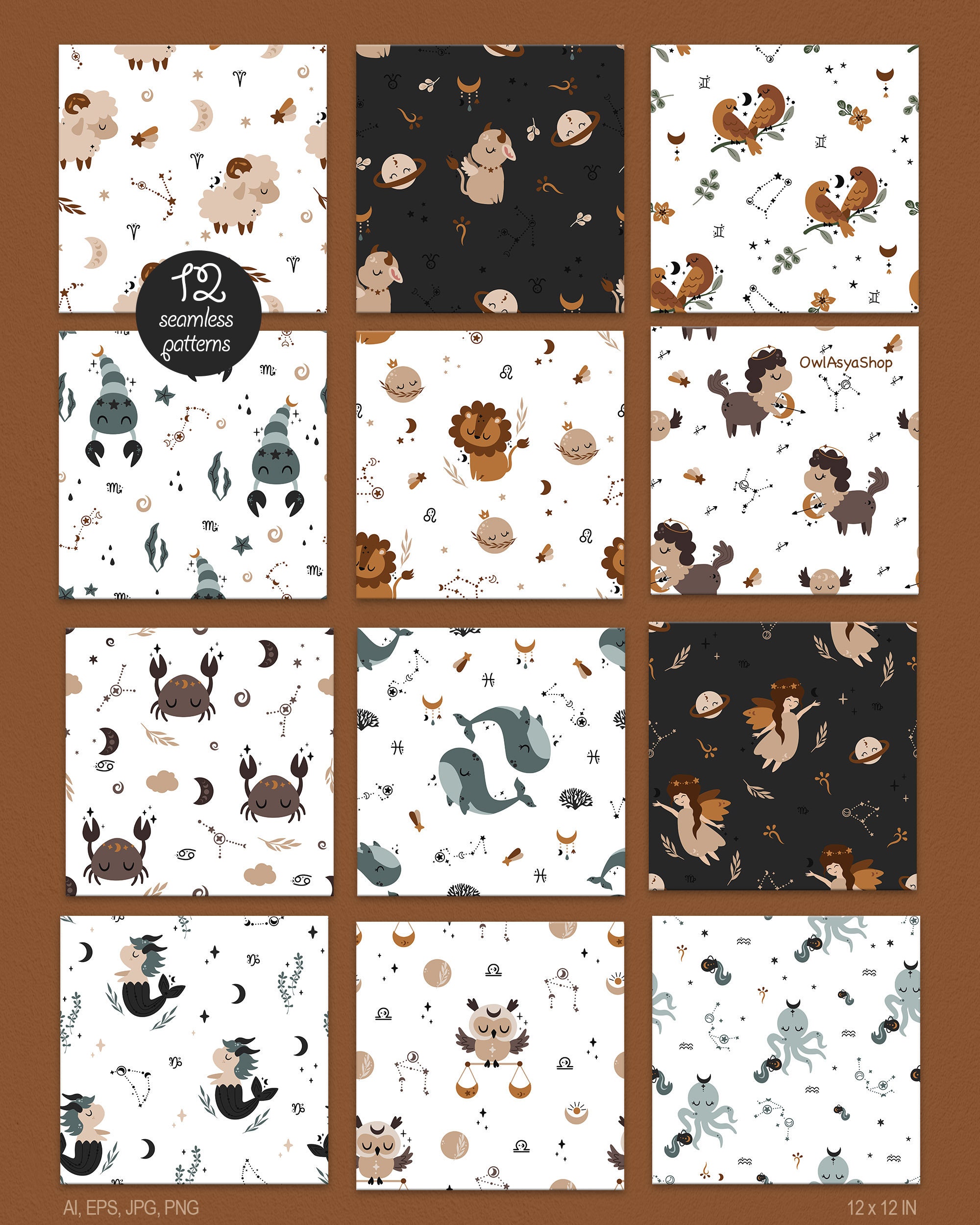 Zodiac Patterns, Astrology Paper, Baby Paper, Celestial Animals, Zodiac ...