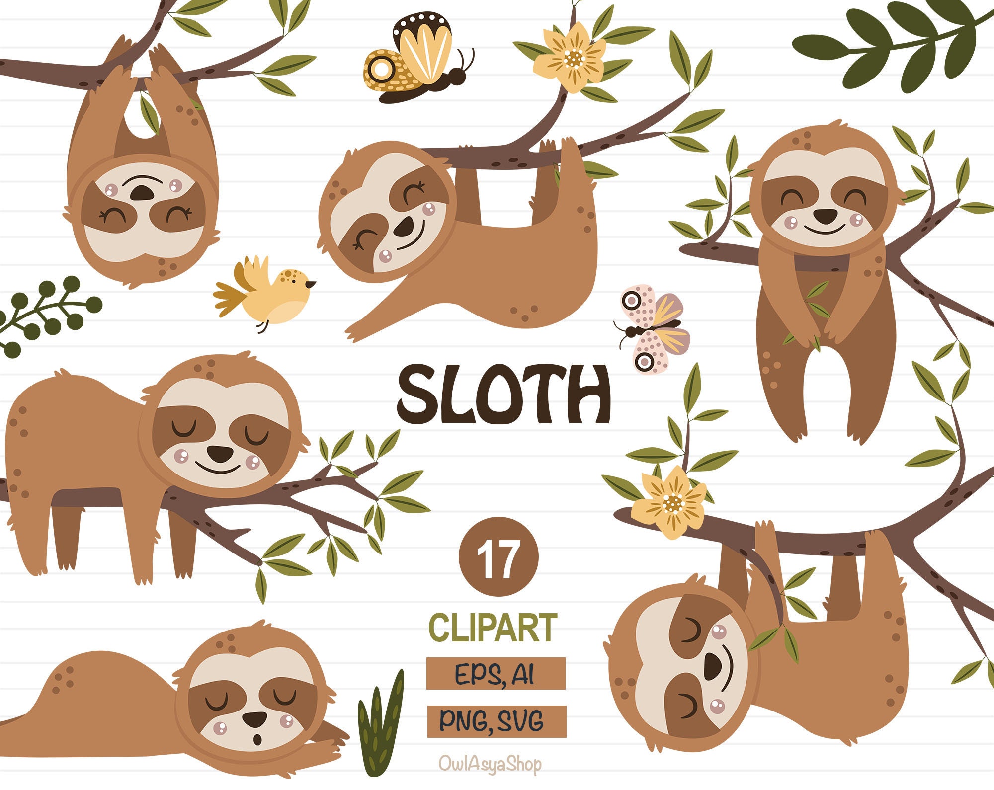 Sloth Svg Cute Sloth Clipart Animal Clipart Vector Sloth Png Digital ...