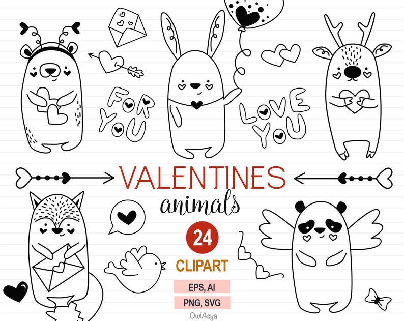 Valentine Animals SVG Doodle Animals Clipart Forest Animals - Etsy