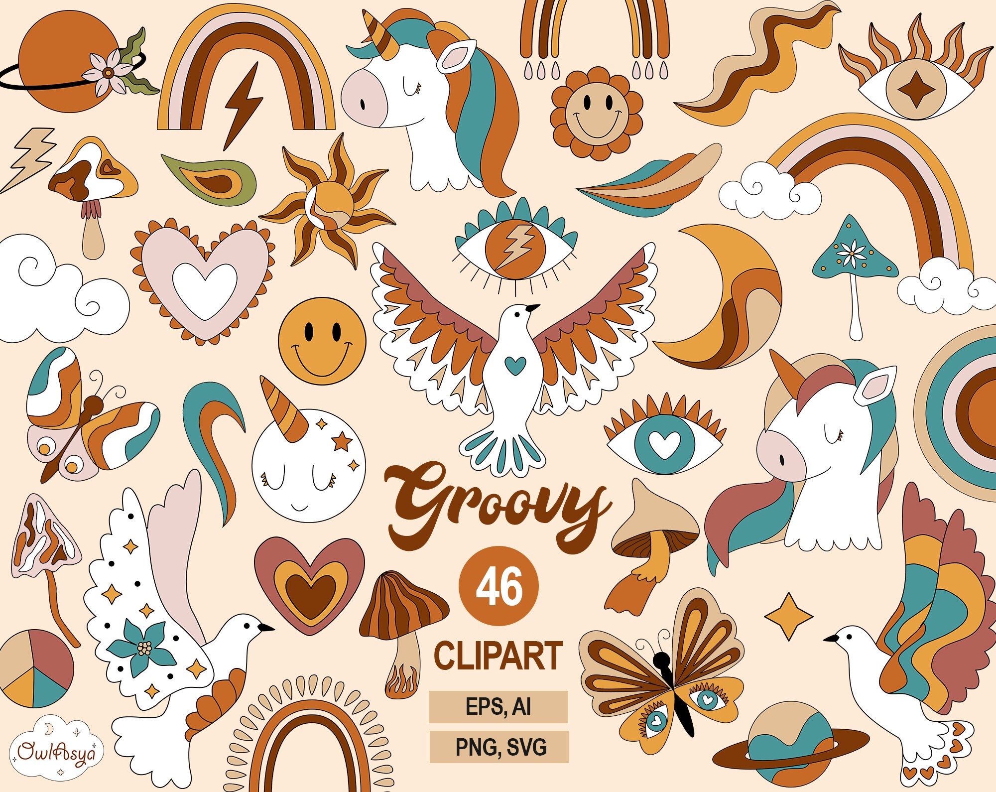 Retro Vibes Clipart, 70's Boho Groovy, Hippie Vintage Clipart, Logo ...