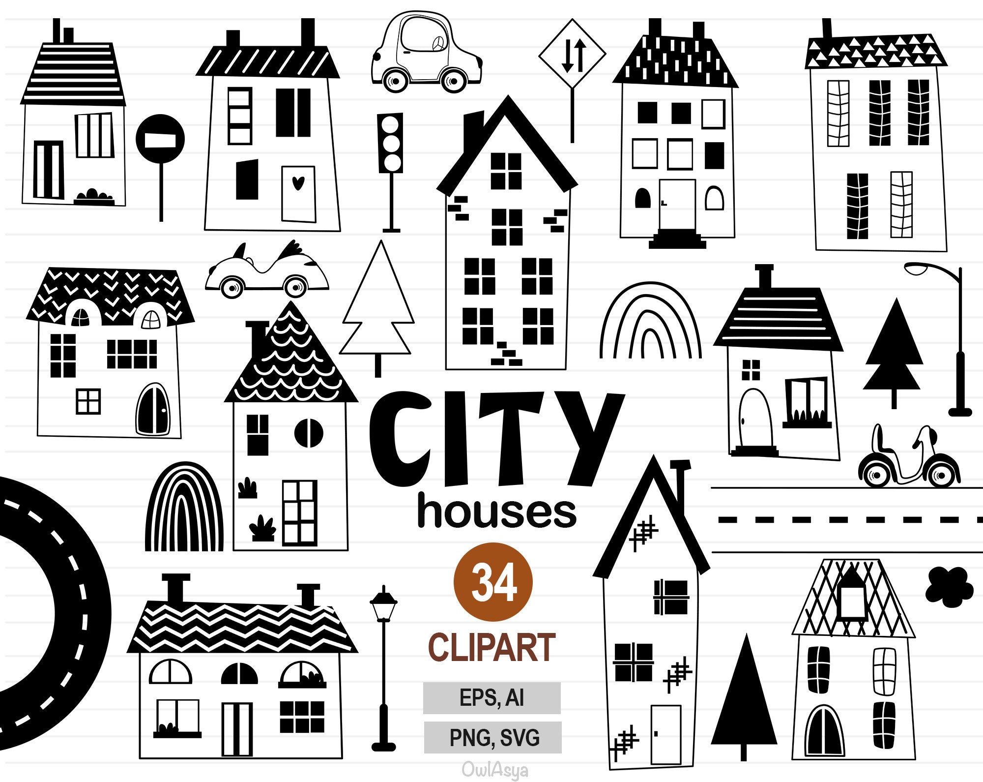 Black City Houses SVG, Line House Clipart, Car Svg Files, Home Clipart ...