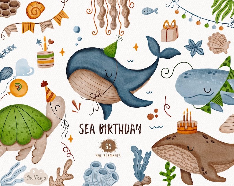 Undersea Watercolor Clipart, Sea Animal, Birthday Party, Sea Baby ...