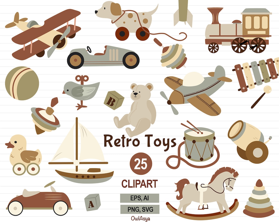 Vintage Nursery Toys Clipart, Toys Vector SVG, Vintage Plush Animals ...