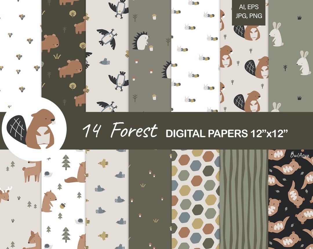 Forest Animals Digital Papers, Animals Seamless Patterns, Woodland ...