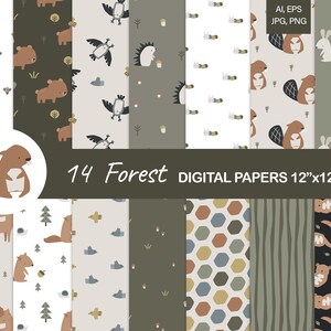 Forest Animals Digital Papers, Animals Seamless Patterns, Woodland ...