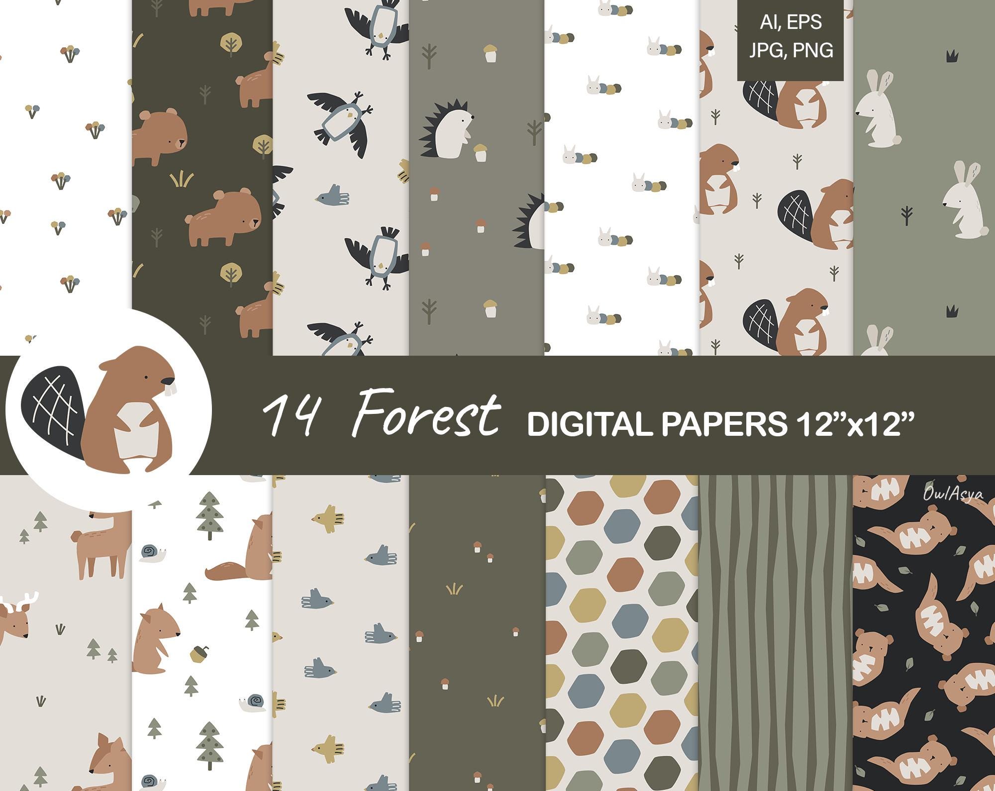 Forest Animals Digital Papers, Animals Seamless Patterns, Woodland ...